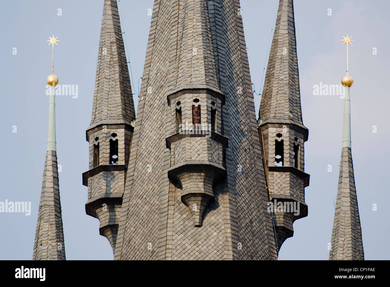 Close up of the unusual towers, Tyn Cathedral, Prague, Czech Republic ...