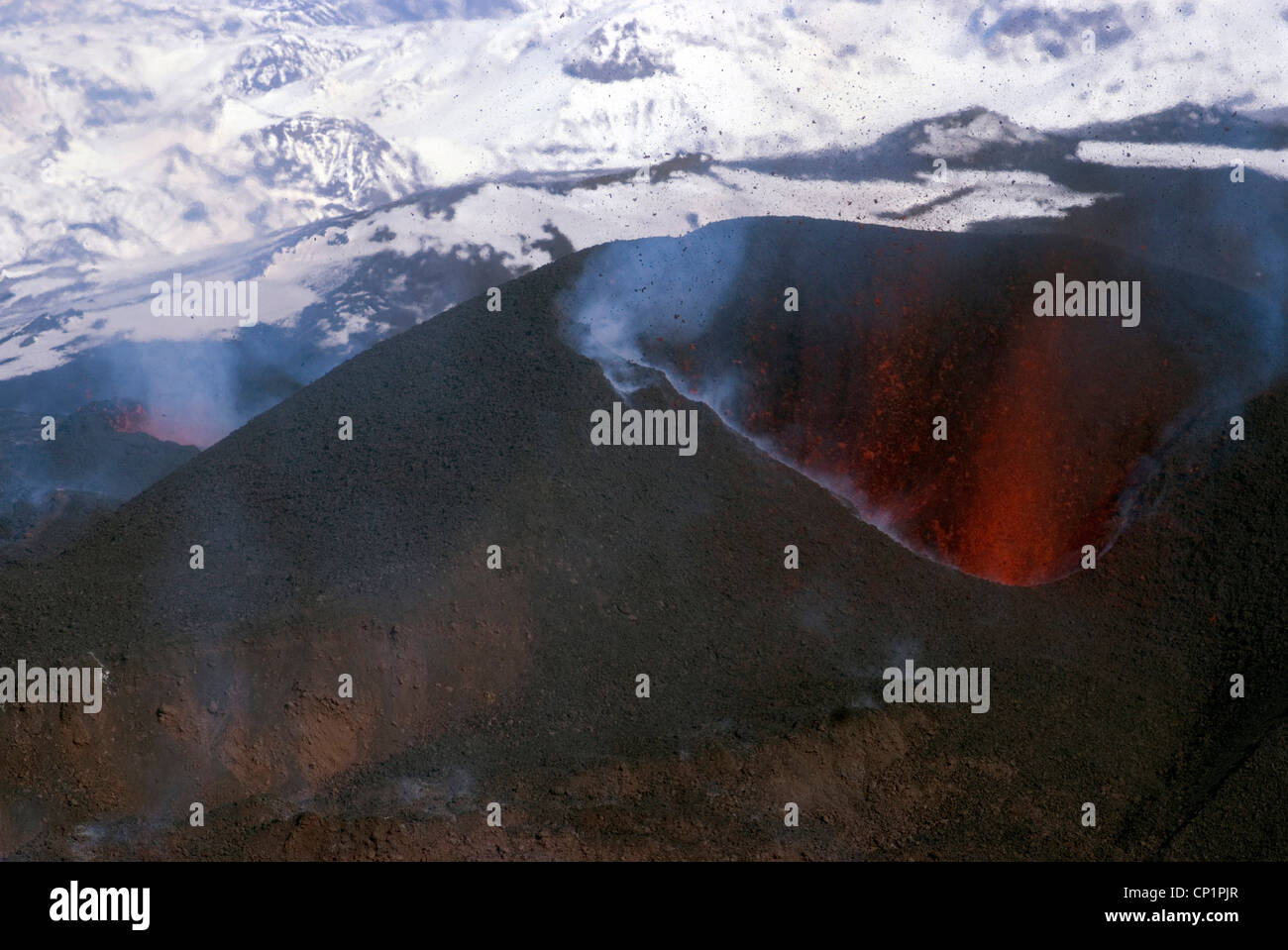 Erupting Eyjafjallajokull volcano and newly-built cinder cone, Southern ...