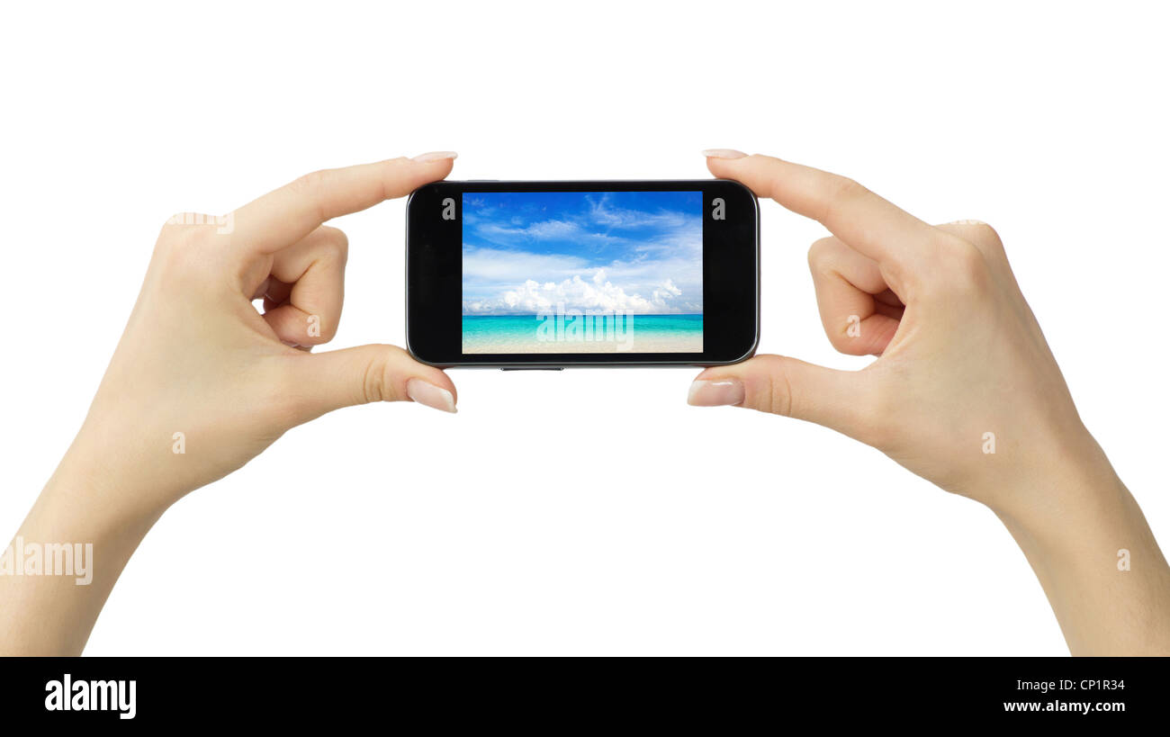 Hands holding mobile isolated on white Stock Photo - Alamy