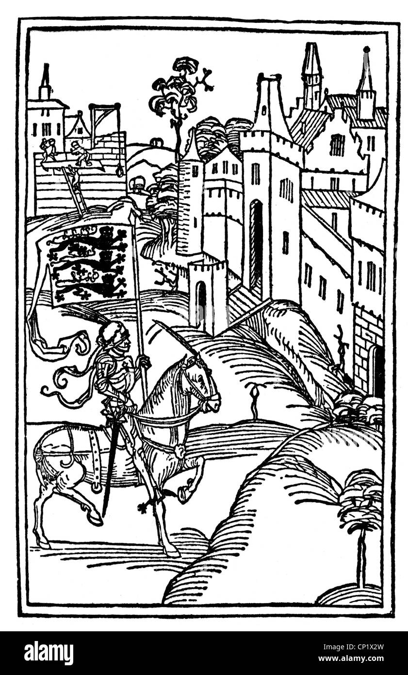 Middle Ages, knights, knight at a city gate, woodcut "Swabian Chronicle ...