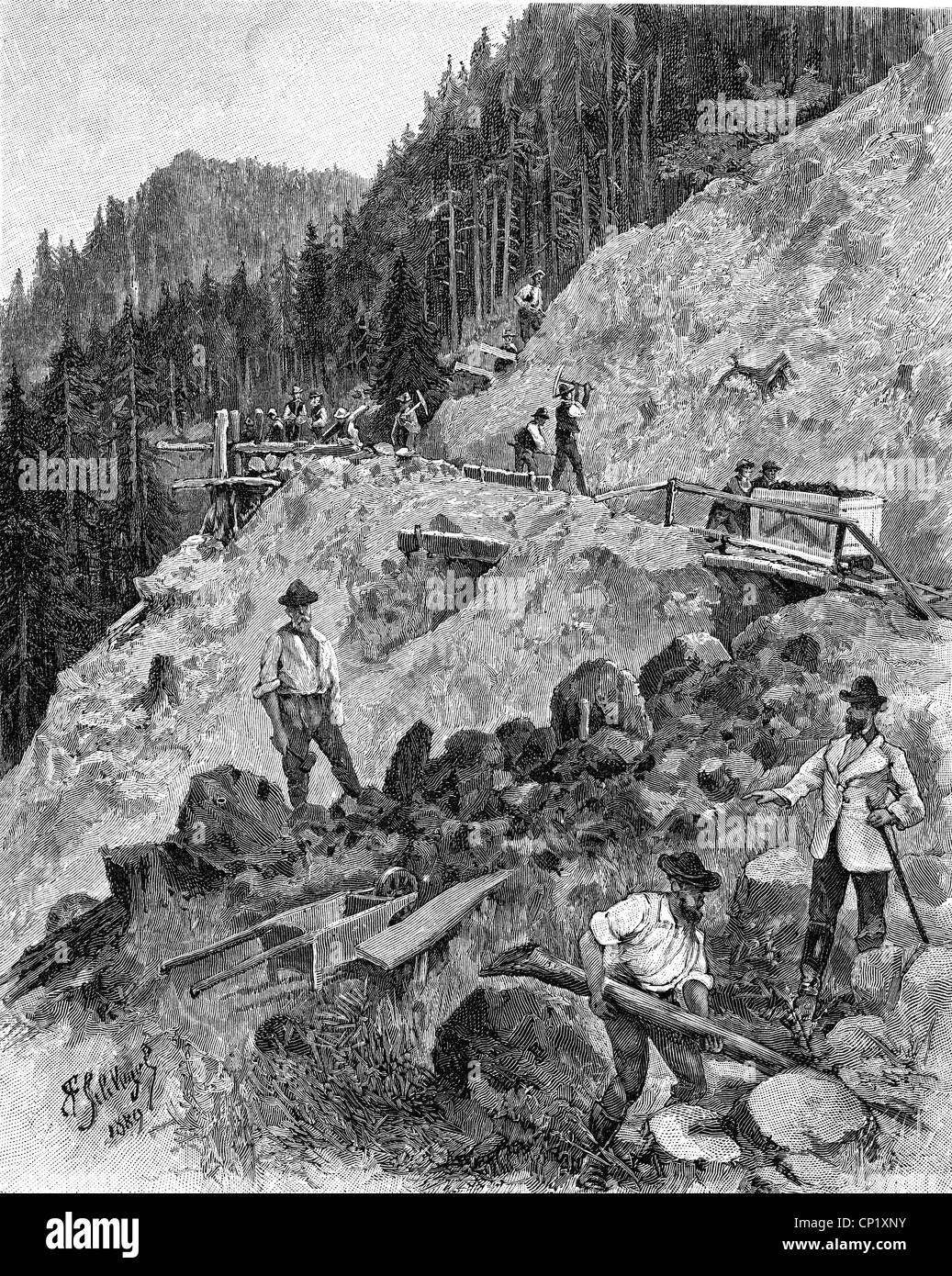 mining, min with railway track, wood engraving, Germany, 1889 ...