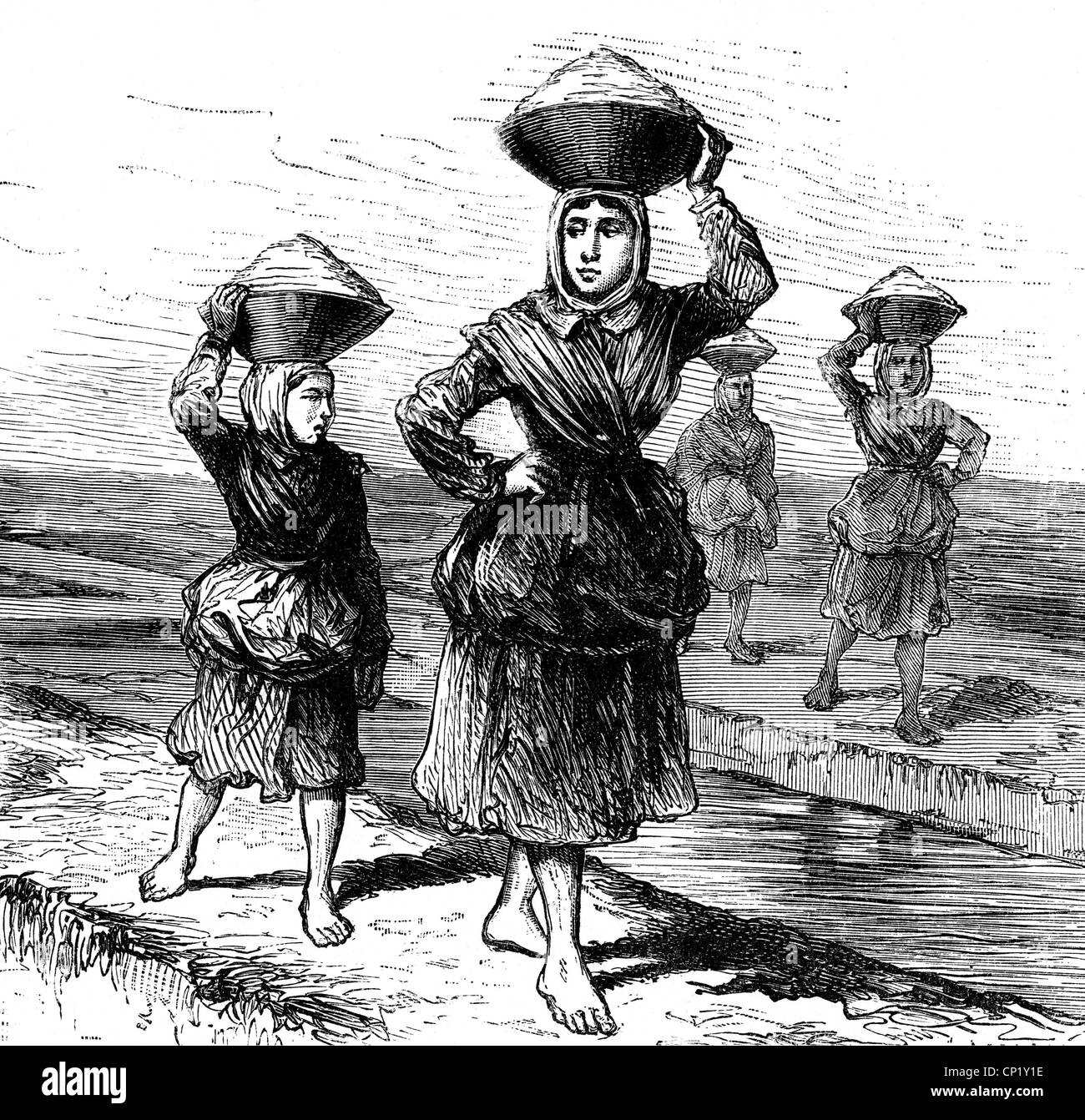 people, professions, female salt bearers at the Mediterranean Sea, wood ...