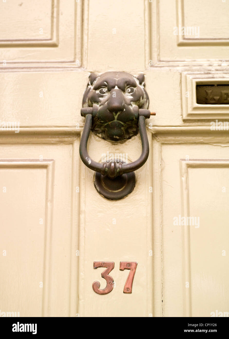 Feline door knocker on building exterior, house number 37 Stock Photo ...
