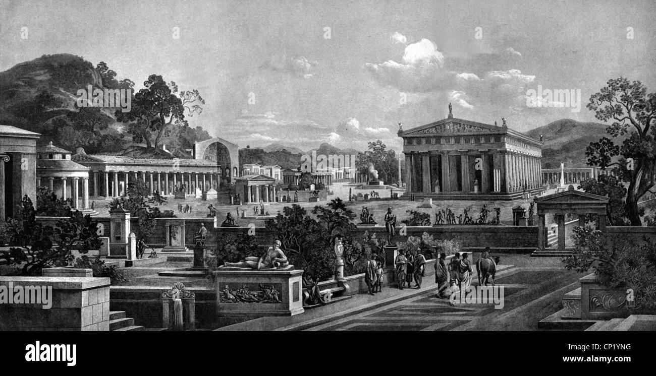 Greece, Olympia, view circa 200 AD, reconstruction after painting by ...