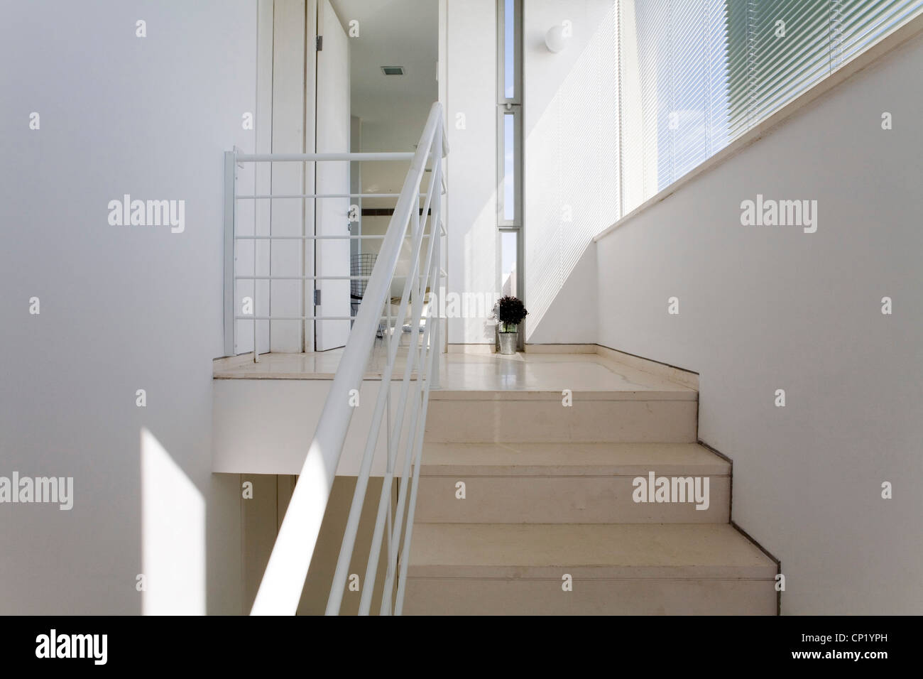 Pale wooden staircase leading to white landing, Rishpon, Israel ...
