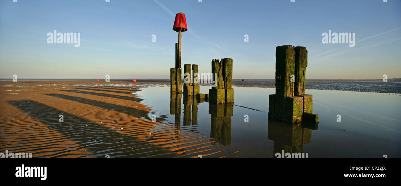 Timber sea defence groyne at low tide, Cleethorpes beach Stock Photo ...