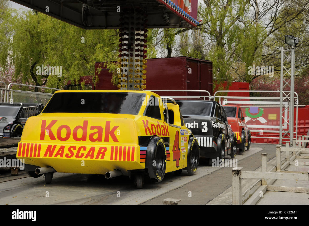 'Speedway' childrens ride ready for passengers, rear view of cars Stock ...