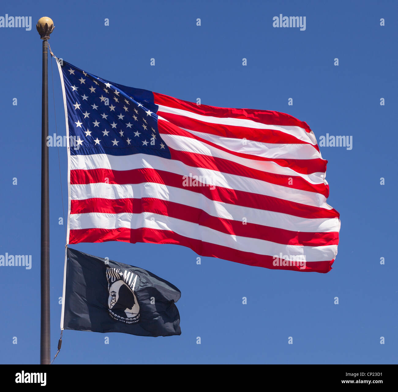 WASHINGTON, DC, USA - U.S. flag and POW MIA flag, at World War II ...