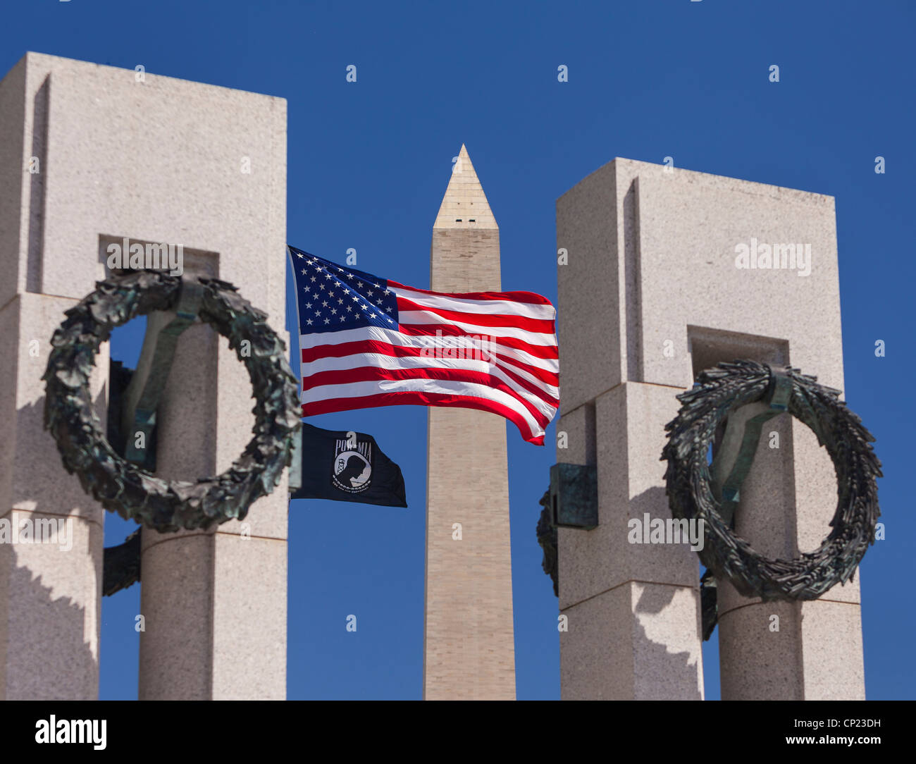 WASHINGTON, DC, USA - World War II Memorial, with flags and Washington ...