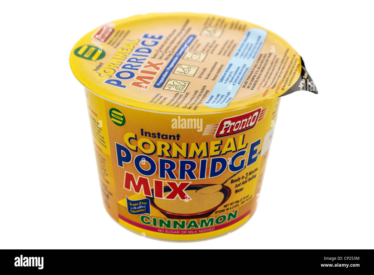 Tub of Pronto instant cornmeal porridge mix with added cinnamon Stock ...