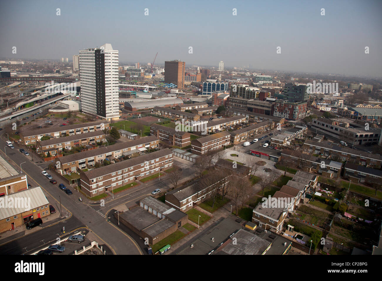 View looking from a tower block across Carpenters Estate in Stratford ...