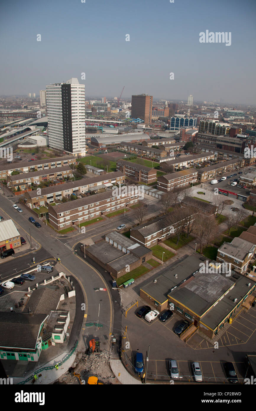 View looking from a tower block across Carpenters Estate in Stratford ...