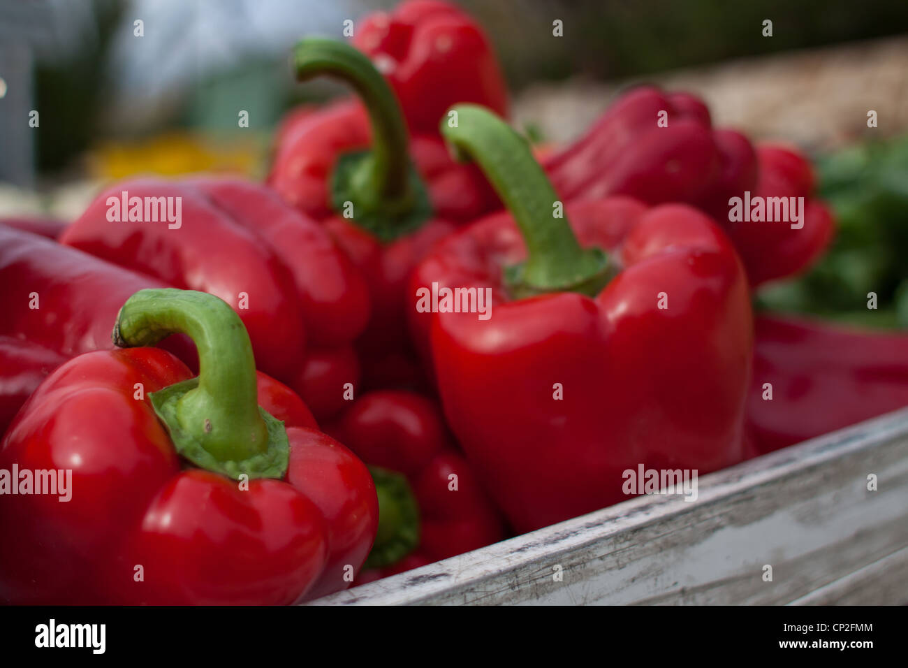 Farm fresh red bell peppers on display at a Spanish market Stock Photo ...