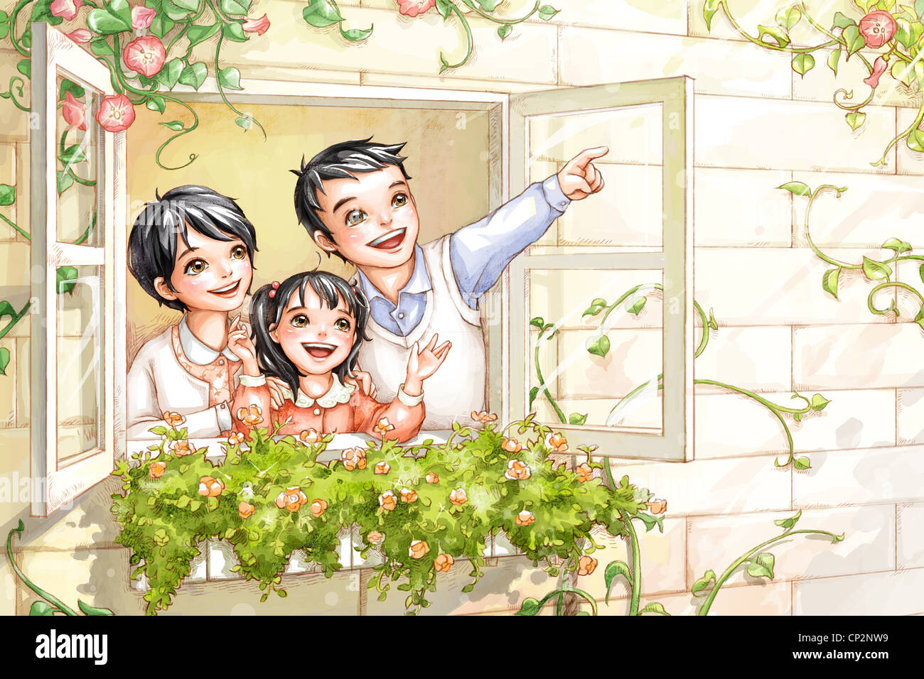 Family looking out from window Stock Photo - Alamy