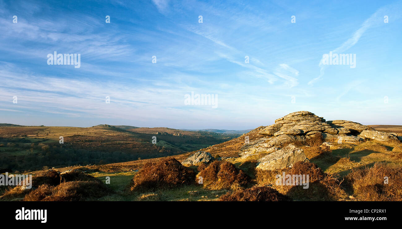 Moorland vista over looking Greater rocks from Holwell tor Stock Photo ...