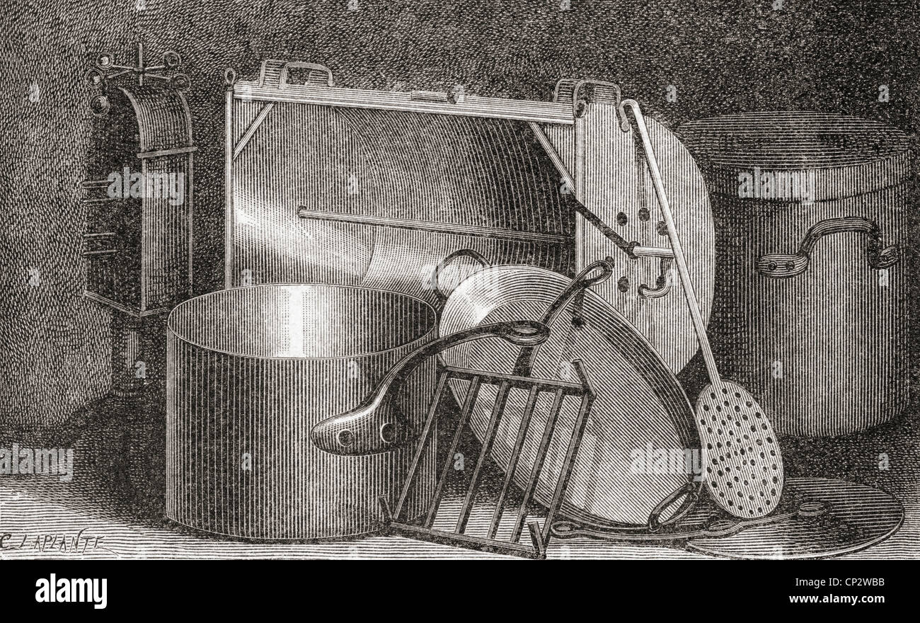 Cooking utensils. From a 19th century print Stock Photo - Alamy