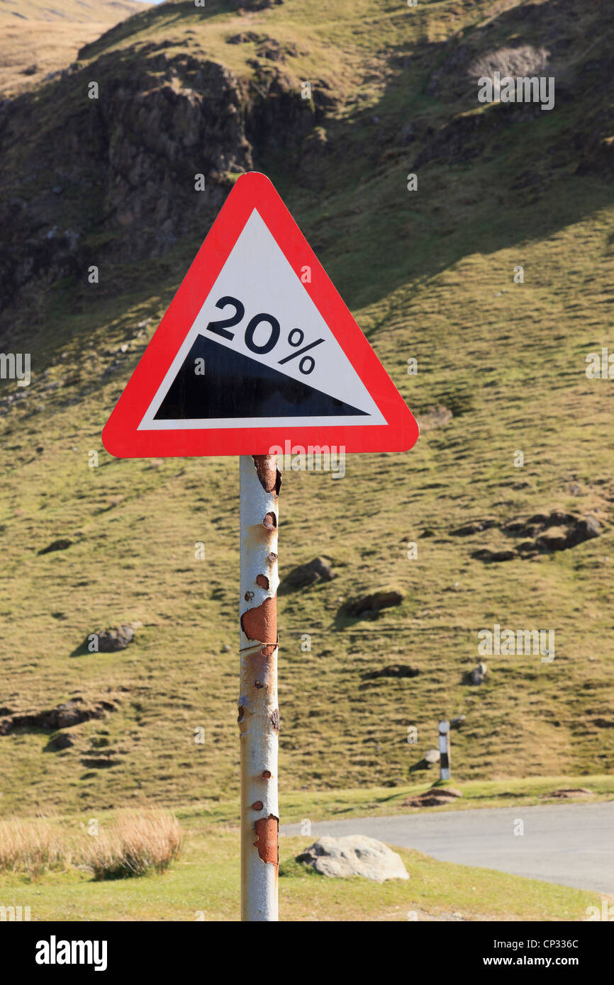 Newlands Pass, Cumbria, England, UK Red triangular steep 20% gradient ...