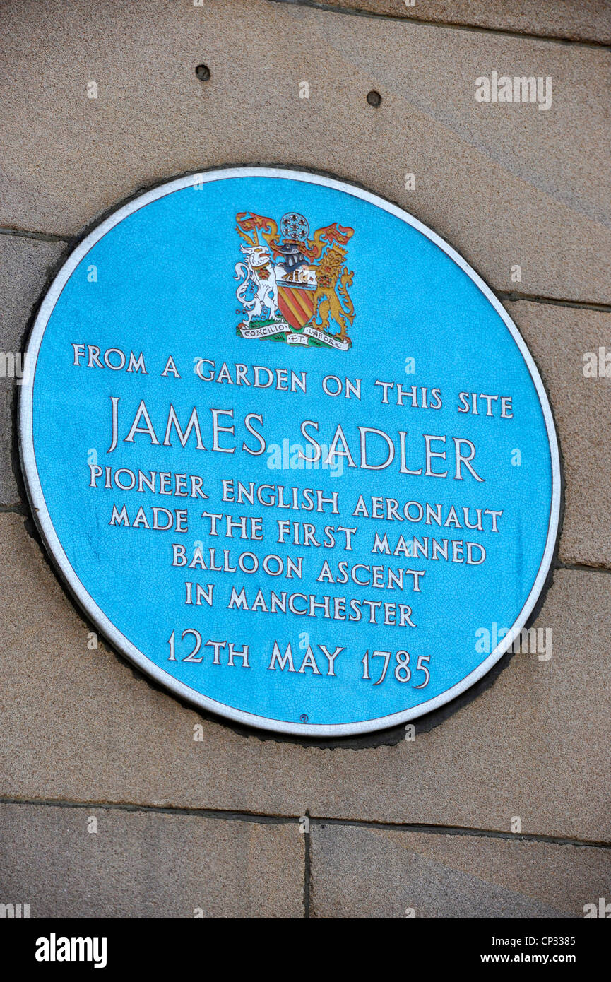 James Sadler blue plaque in Manchester, UK Stock Photo - Alamy