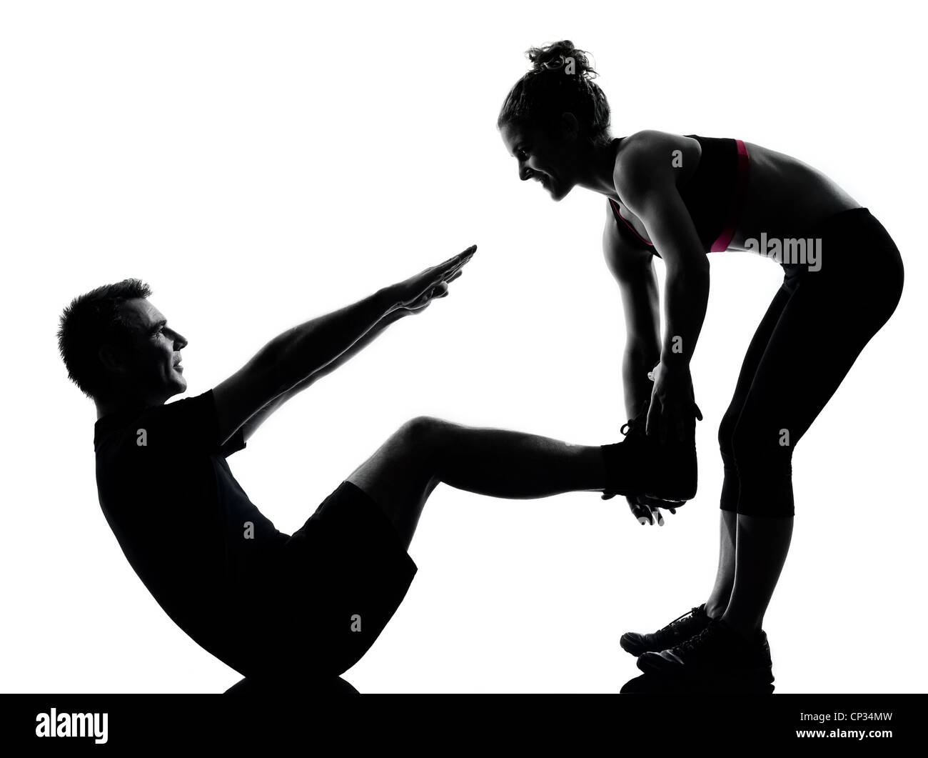 one couple man woman exercising workout aerobic fitness posture full ...