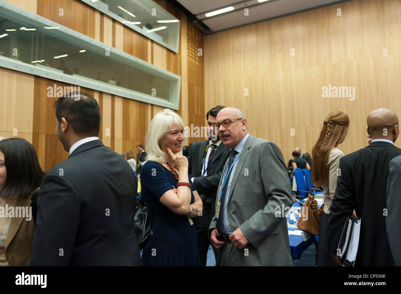 Diplomats speaking with each other during the NPT meeting at the UN ...