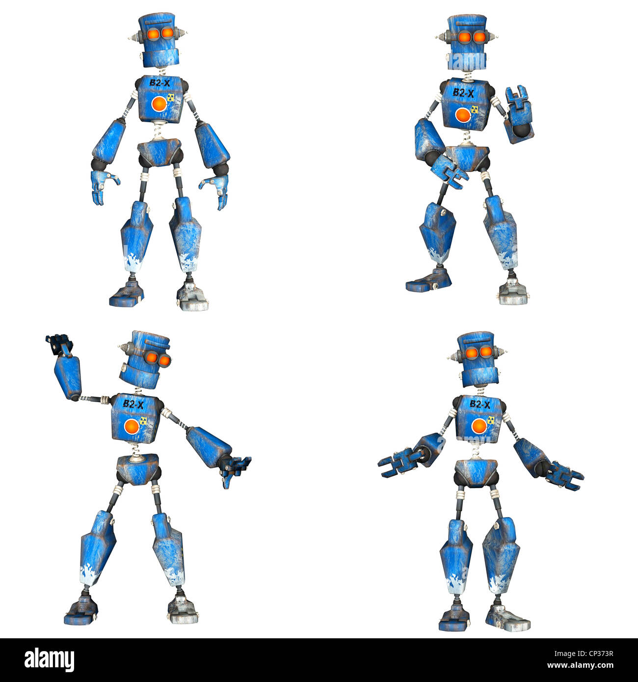 Illustration of a pack of four (4) blue robots with different poses ...