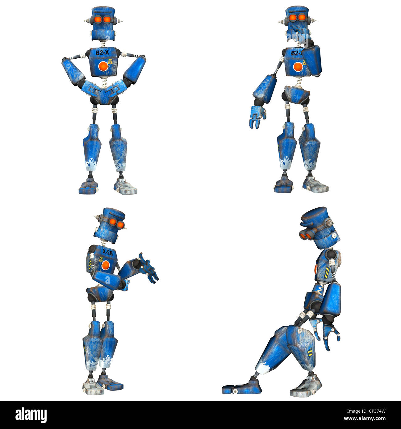 Illustration of a pack of four (4) blue robots with different poses ...