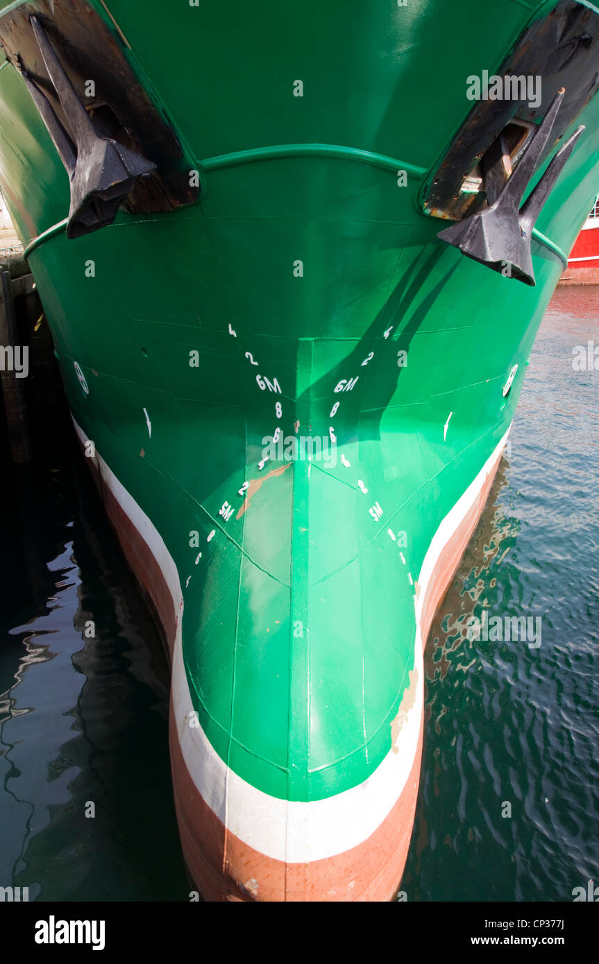 Bulbous bow of fishing trawler with anchors and Plimsoll line Stock ...