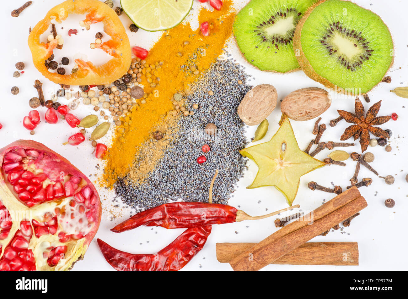 Colorful spices on a white background - beautiful kitchen image Stock ...