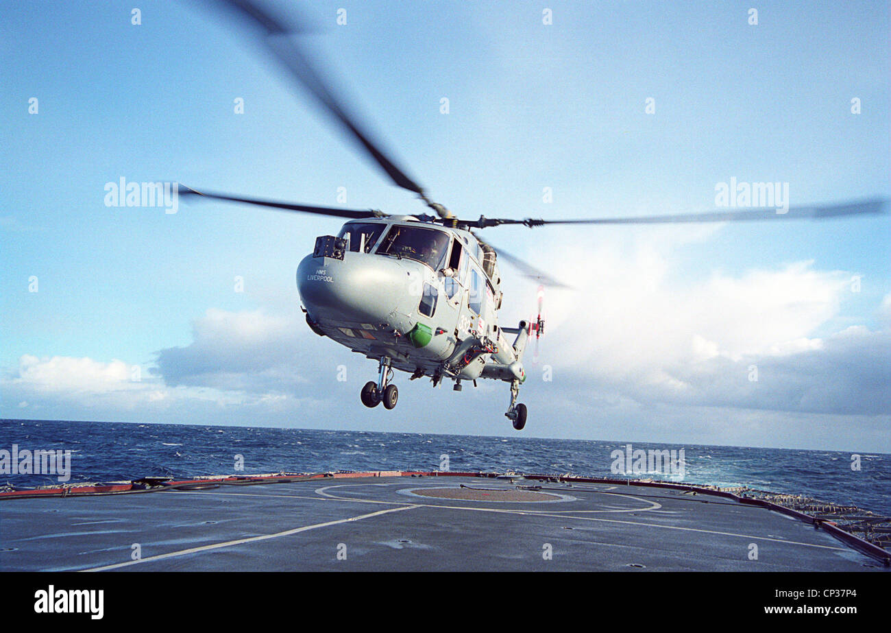 A Royal Navy Lynx HAS.3S, recovers to the flight deck of HMS Liverpool ...