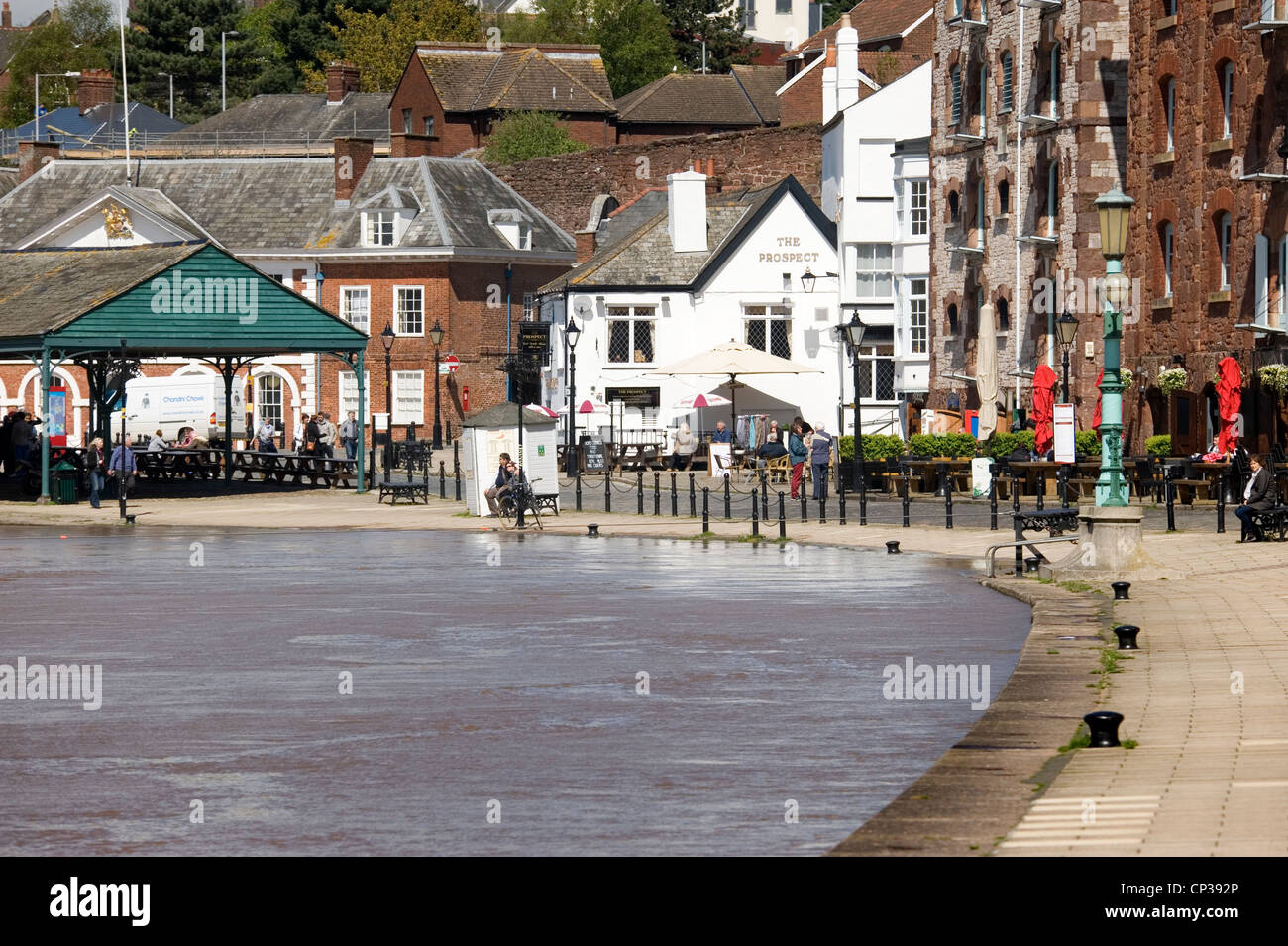 The River Exe overflowing into Exeter's flood relief and breaking the ...