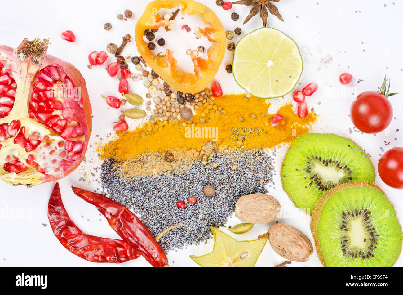 Colorful spices on a white background - beautiful kitchen image Stock ...