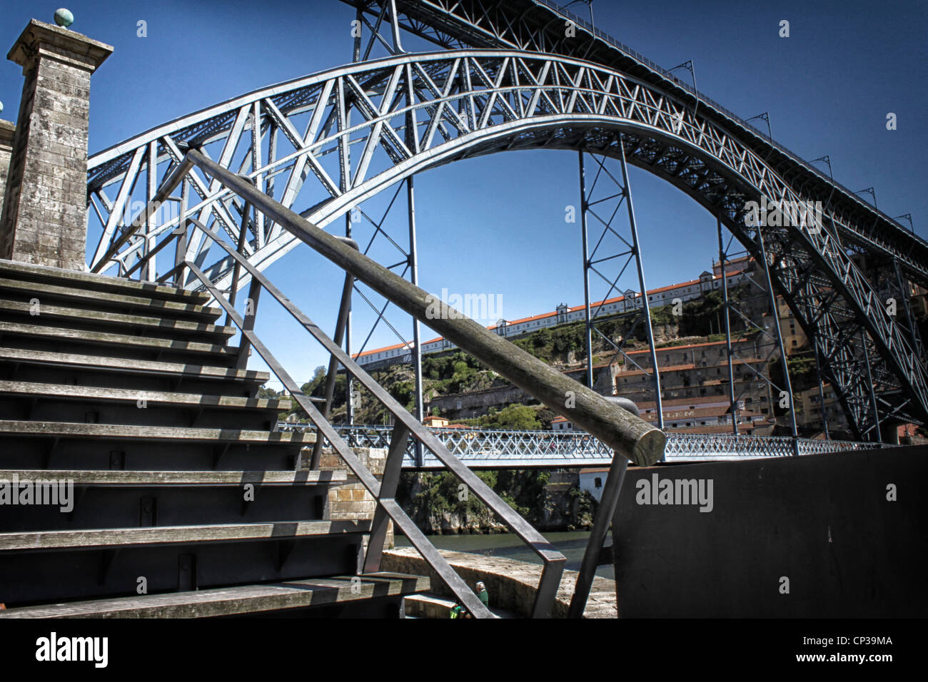 View of D Luis bridge in Ribeira area, world heritage, in Oporto city ...