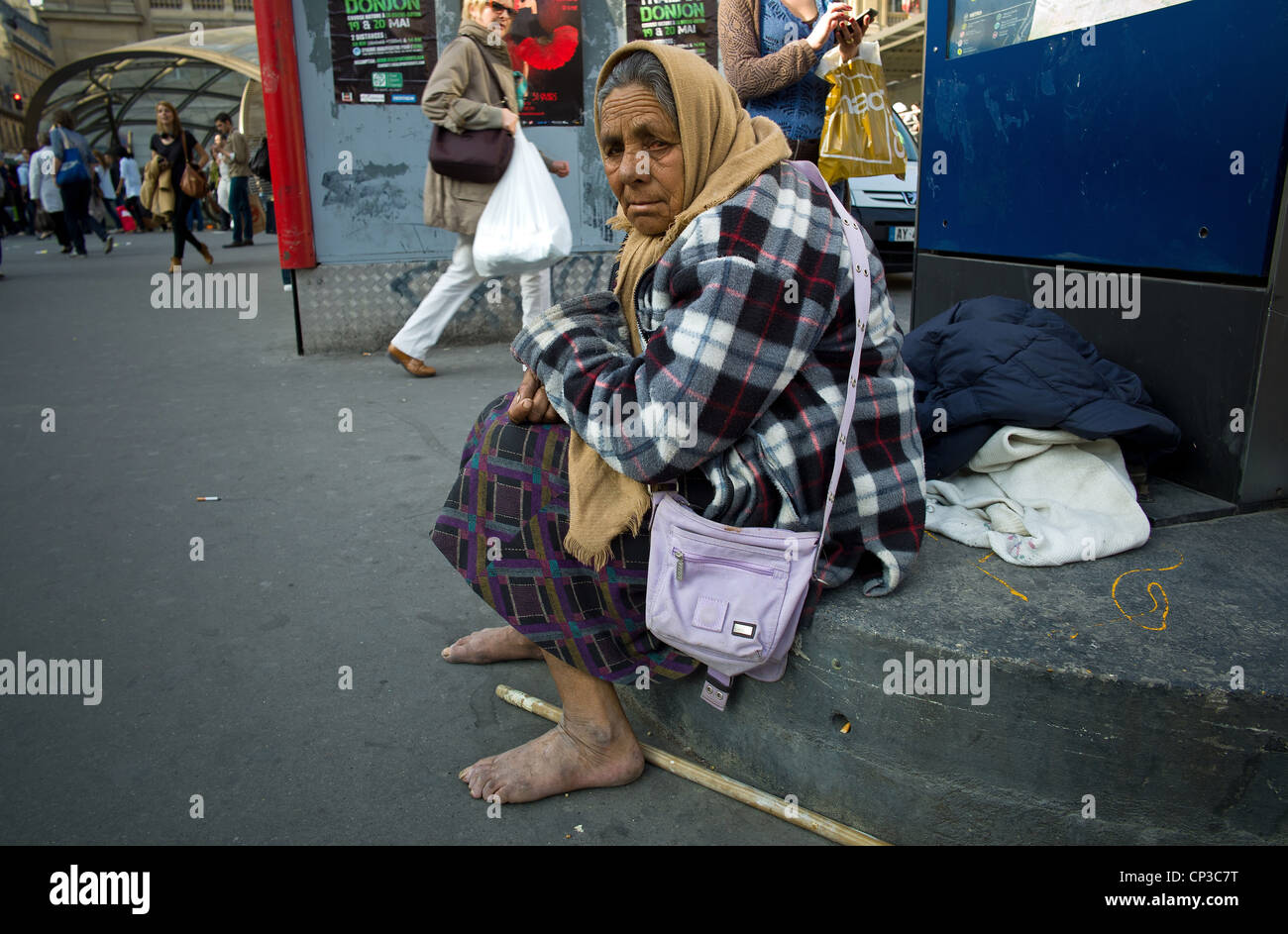 Urban poverty, Aisha, homeless Romanian, in the cour de Rome in Saint ...