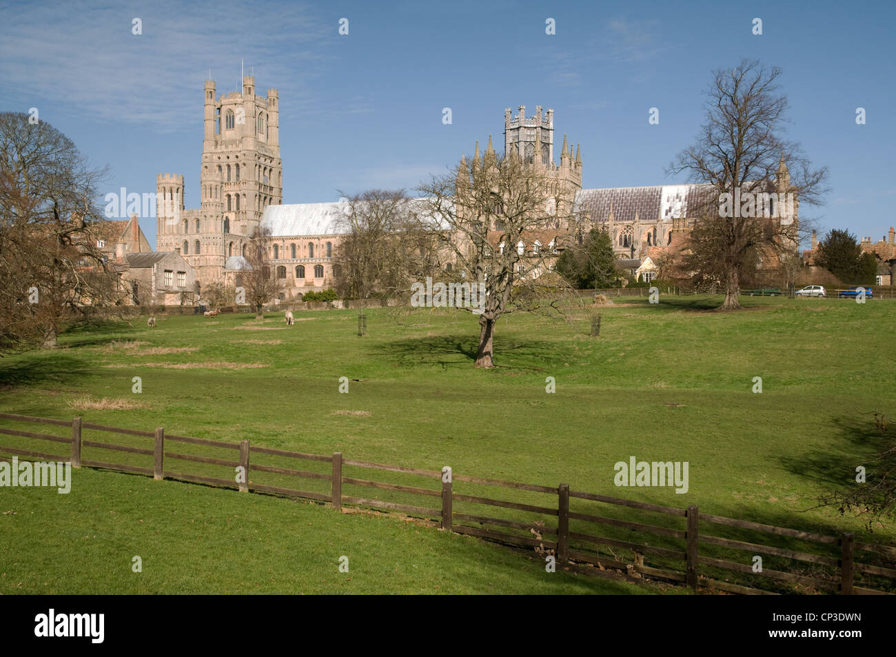 Ely Cathedral seen from the south with green fields of Ely Park and ...