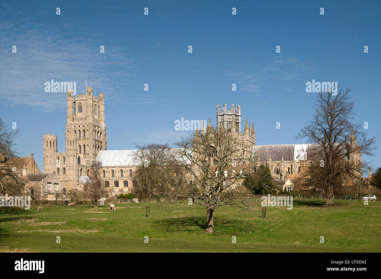 Ely Cathedral seen from the south with green fields of Ely Park and ...