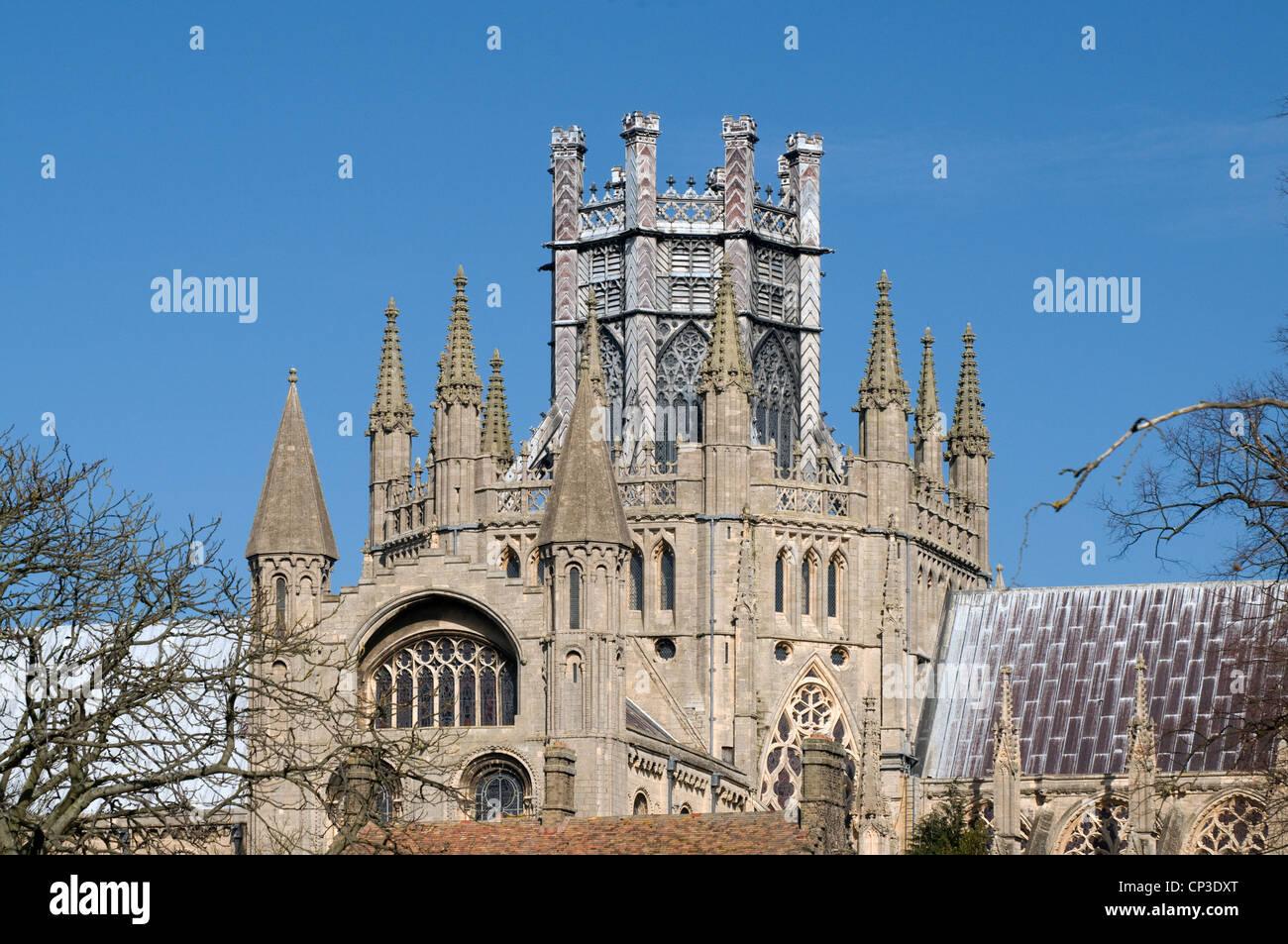 Close up of the octagon lantern of Ely Cathedral from south with blue ...