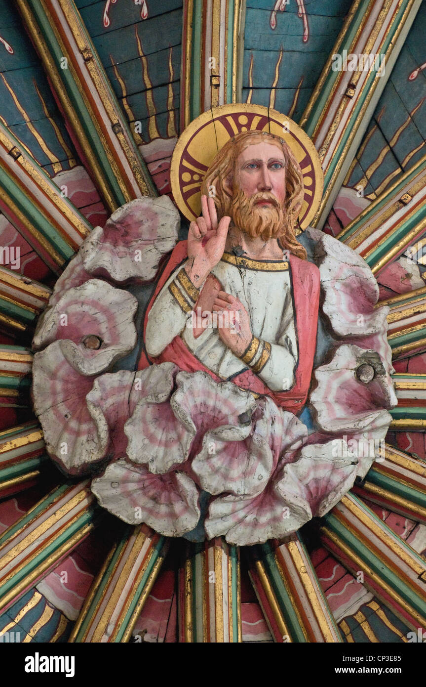 Close up detail of central boss painted with portrait of Christ Jesus ...