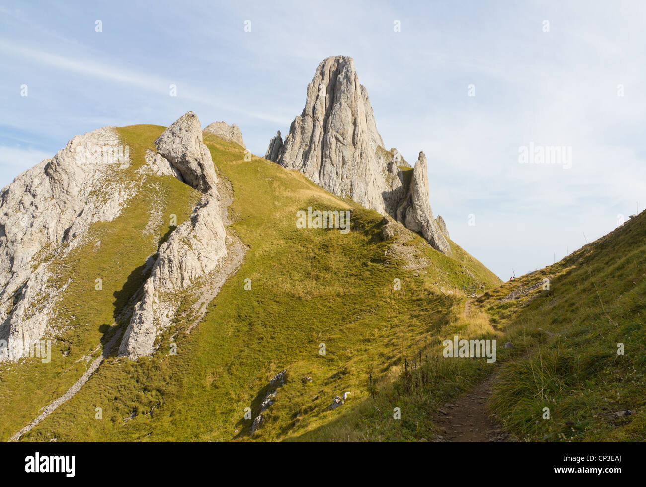 hiking path through rocky mountainous terrain with sharp rock ...