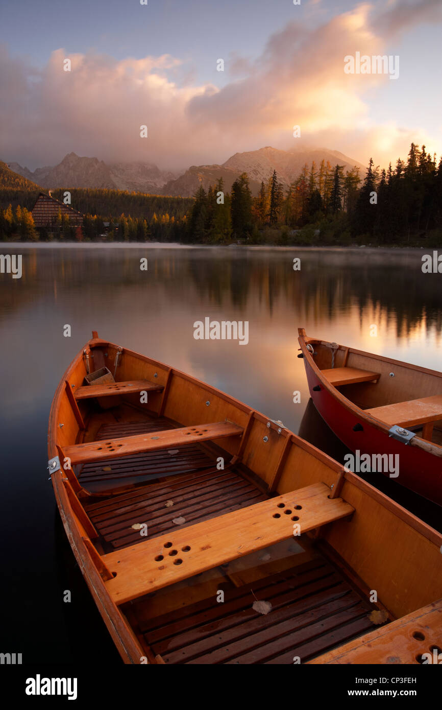 Rowing boats on Strbske Pleso lake at dawn in Slovakia Stock Photo - Alamy