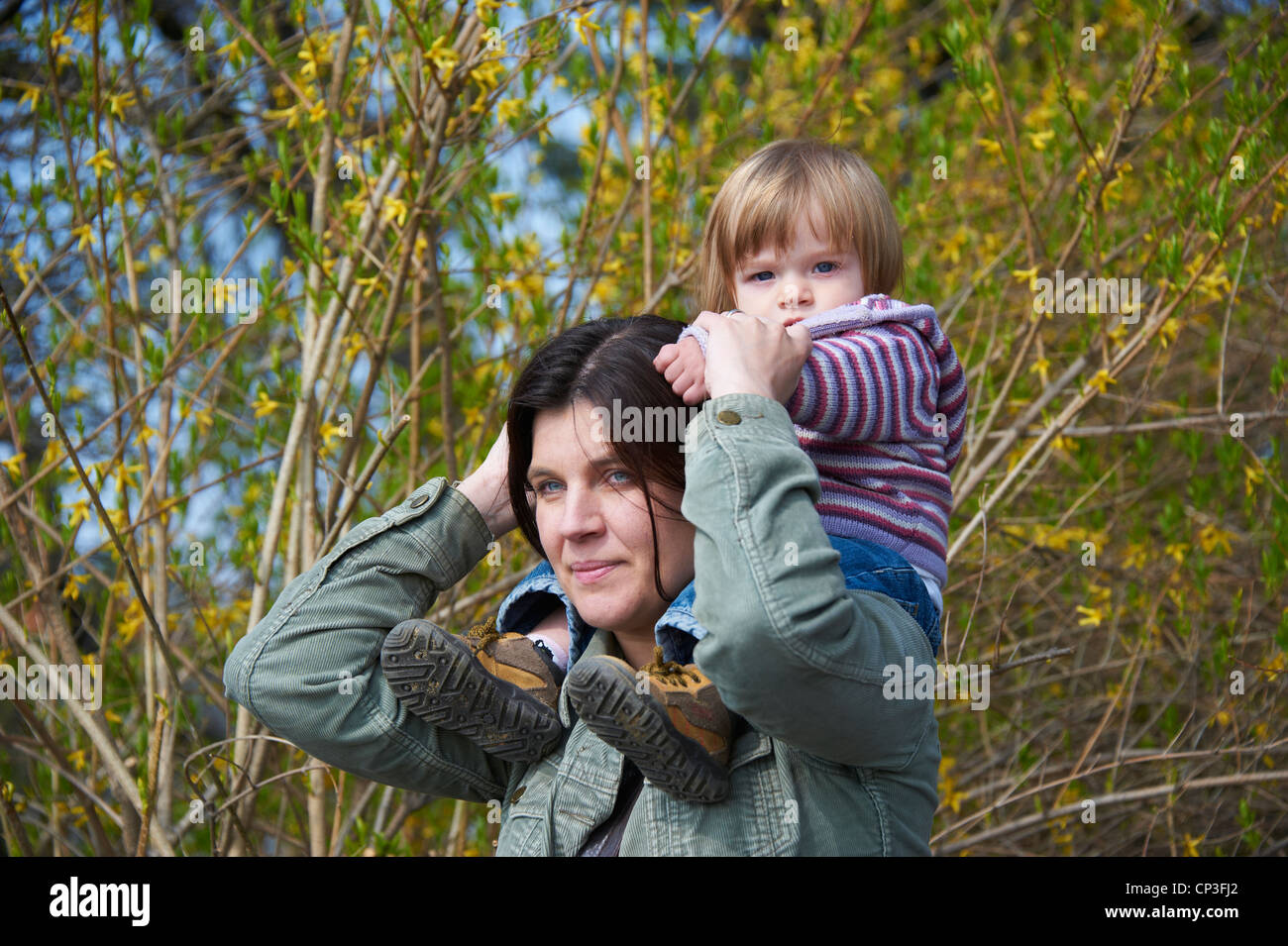 Mother carrying child baby girl daughter on shoulders in park in spring ...