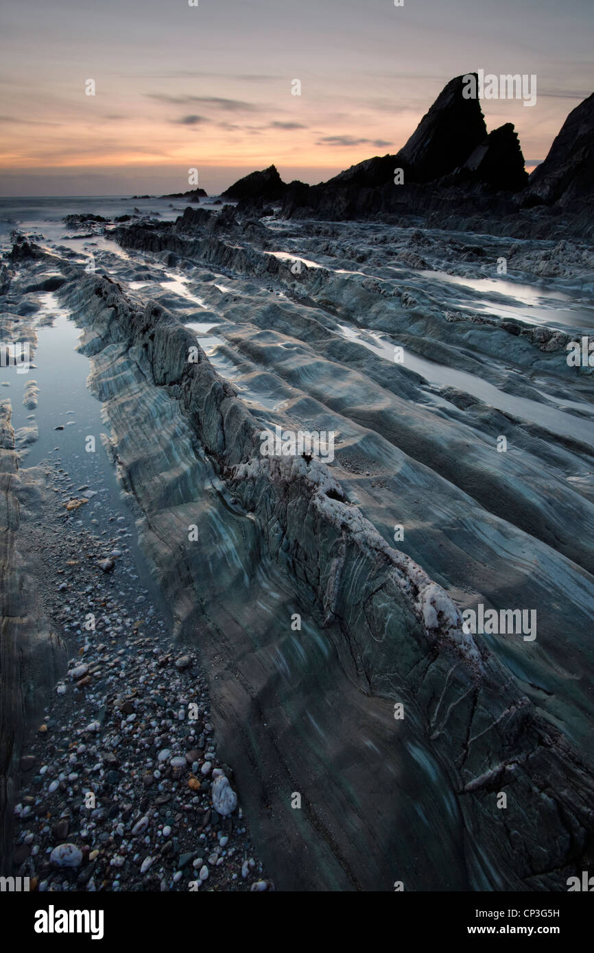 Low evening sunlight illuminates the rocks in Westcombe bay as the tide ...