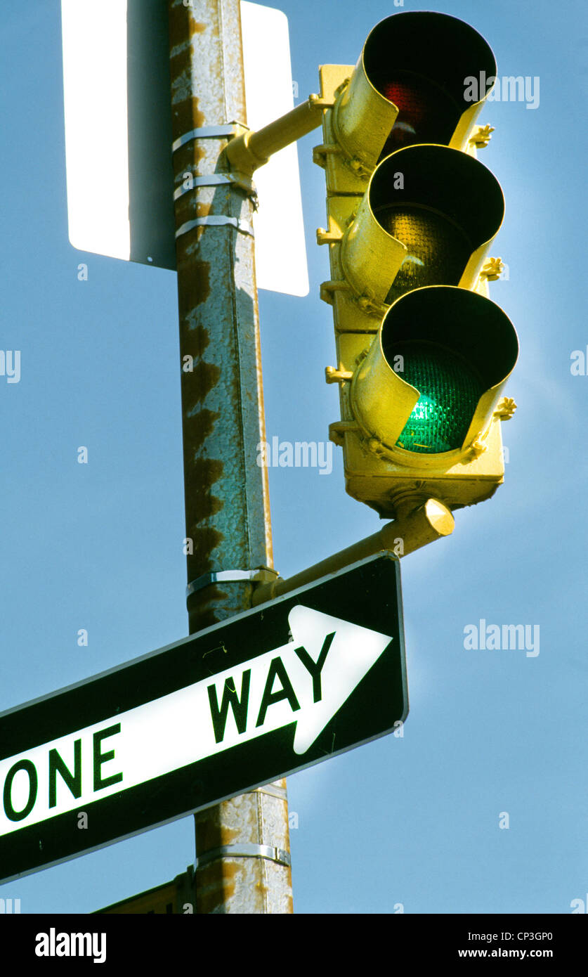New York Usa Traffic Lights One Way Sign Stock Photo - Alamy