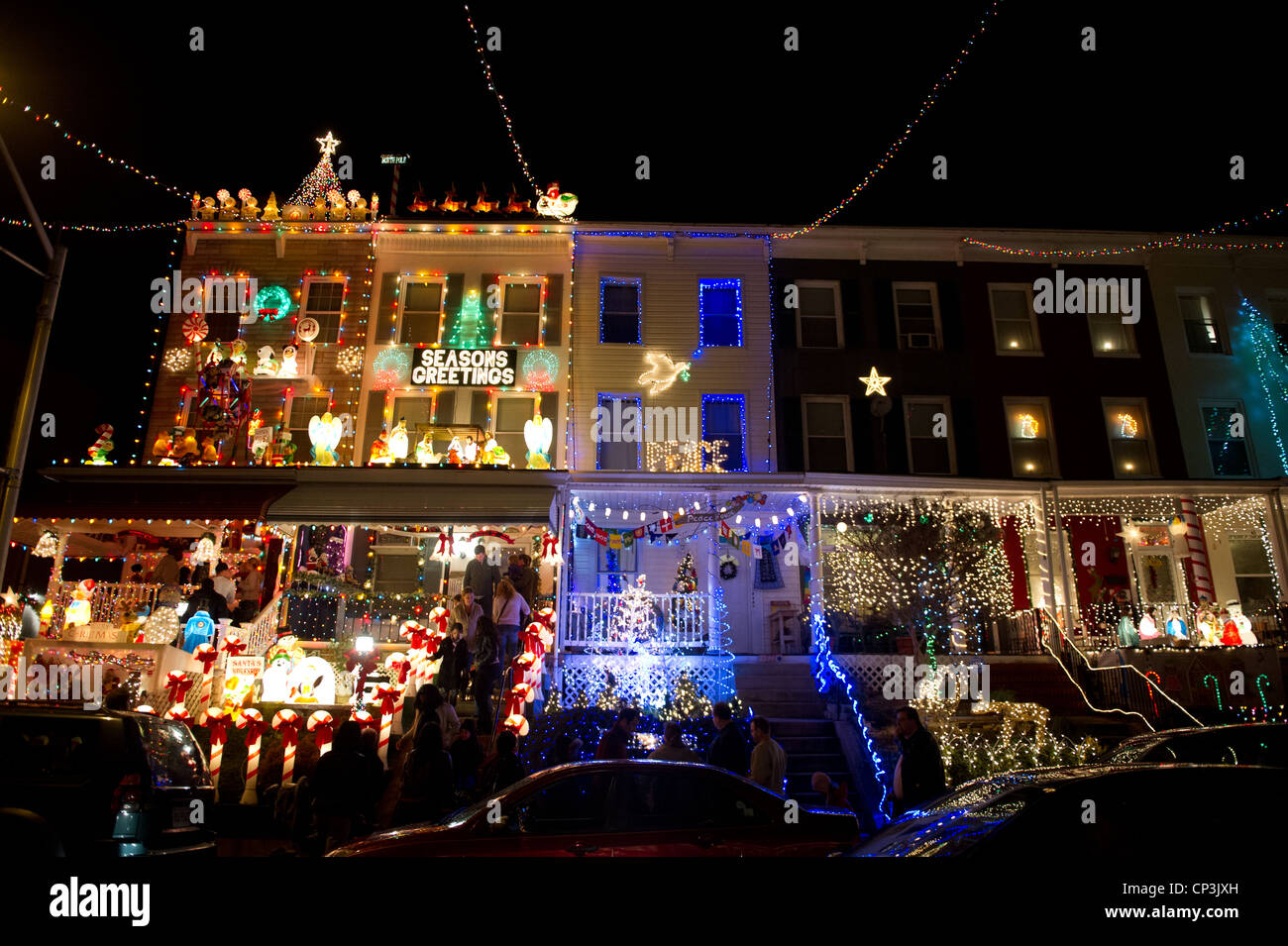 Lights decorates houses on 34th Street in Hampden, Baltimore, Maryland ...
