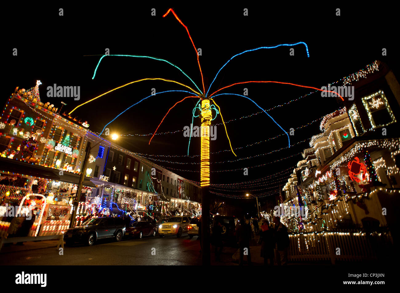 Lights decorates houses on 34th Street in Hampden, Baltimore, Maryland ...