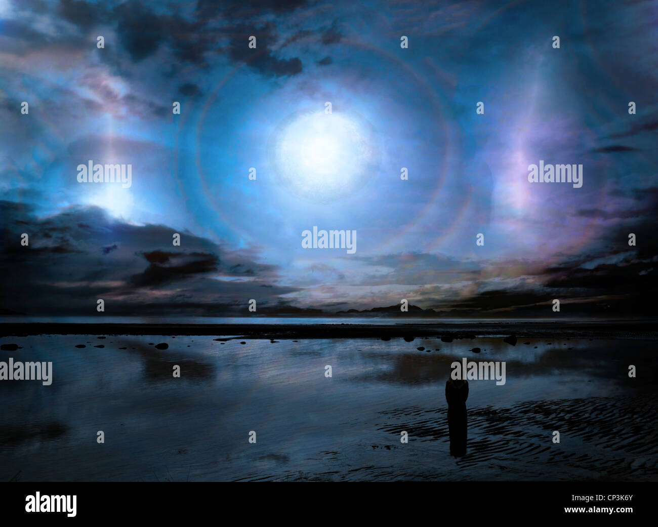 Fantasy science fiction scene with an amazing sky and a silhouetted ...