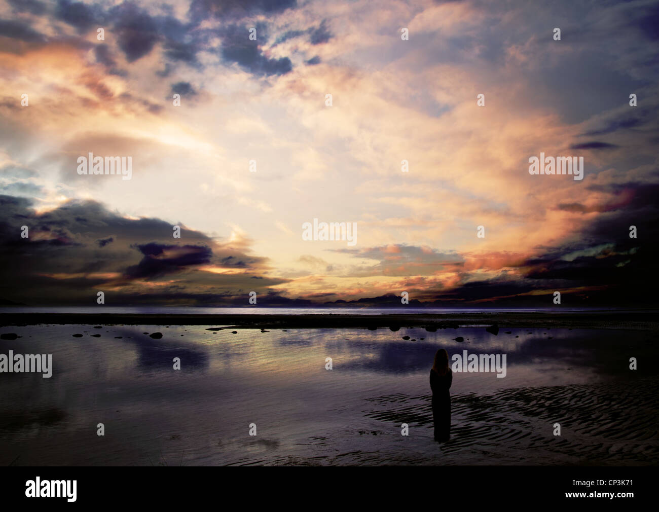 Beautiful beach fantasy scene at sunset with a woman in silhouette ...