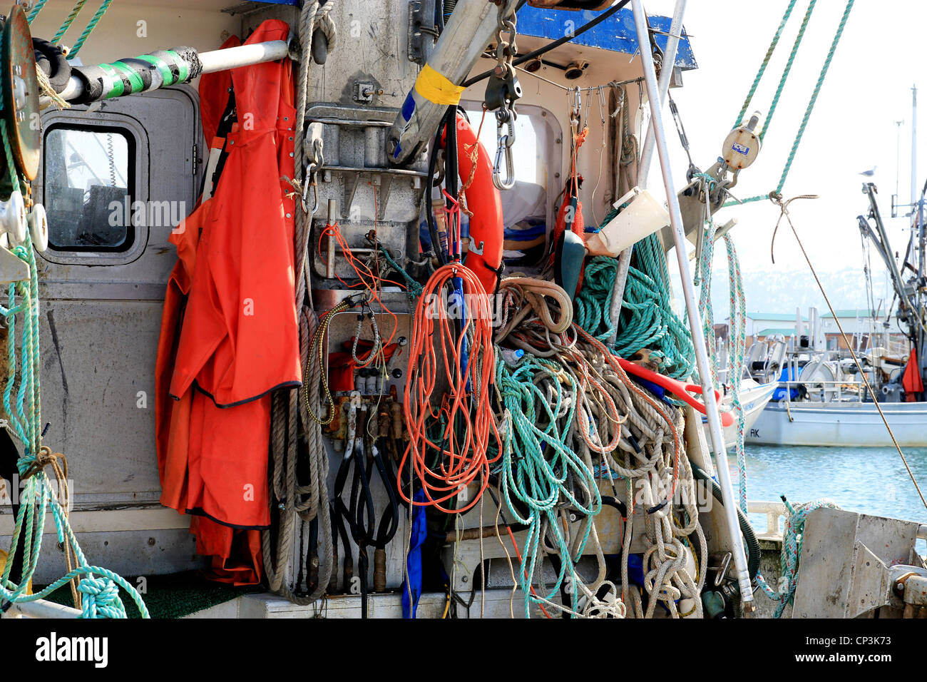 Close up shot of the back of a working fishing trawler boat with gear ...