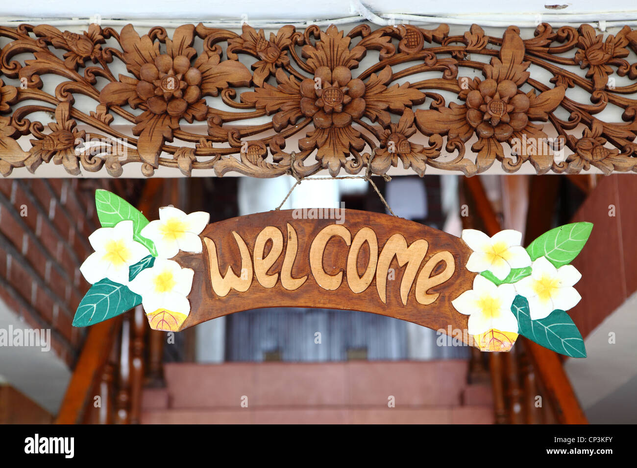 welcome sign with traditional carving from indonesia Stock Photo - Alamy