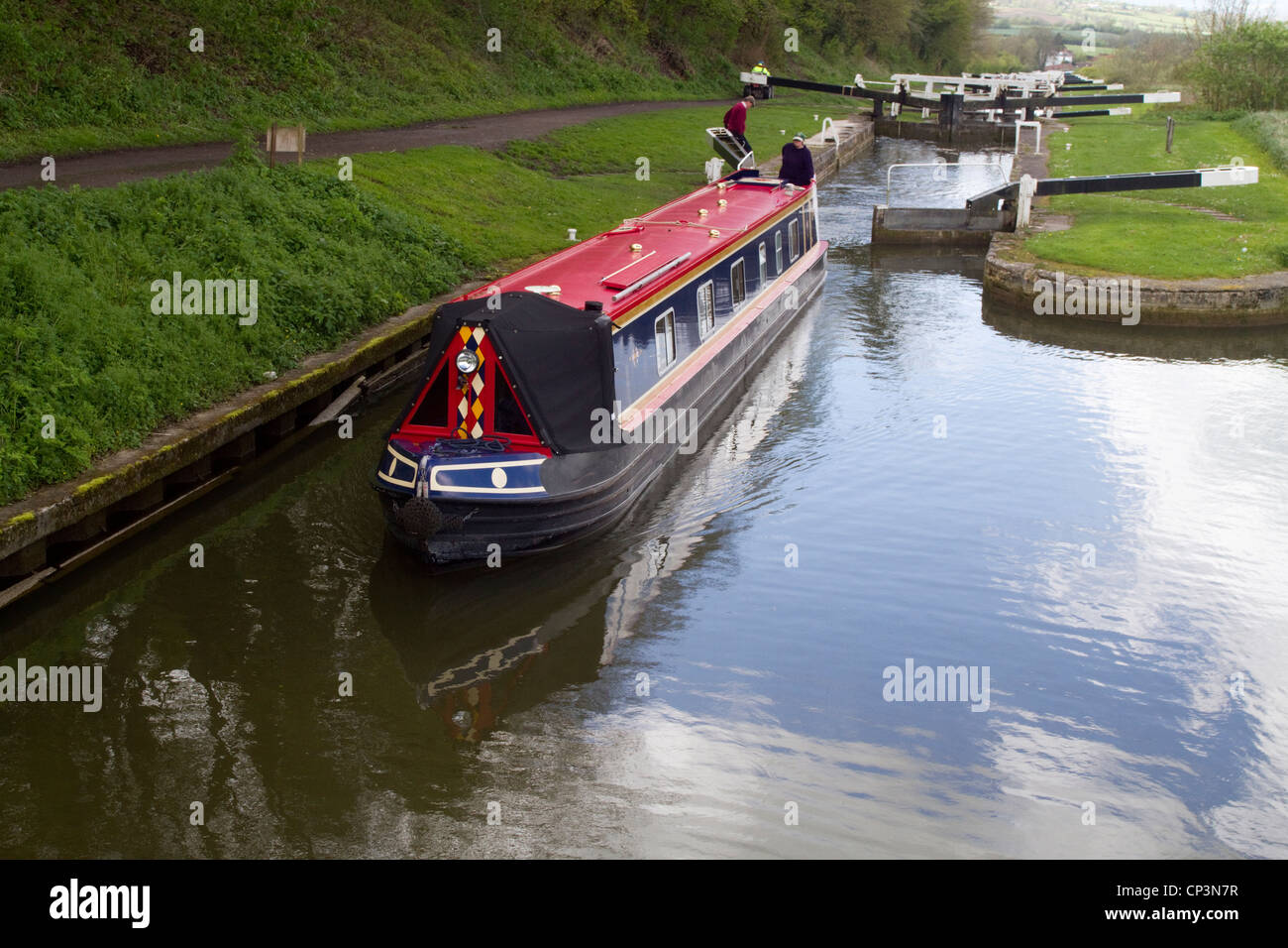 Canal boat at the Caen Hill Locks on the Kennet and Avon Canal, between ...