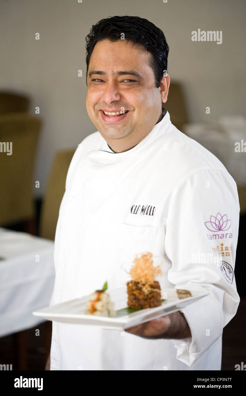 Chef Manish Mehrotra with a dish of duck chettinad and umpa barrels at ...